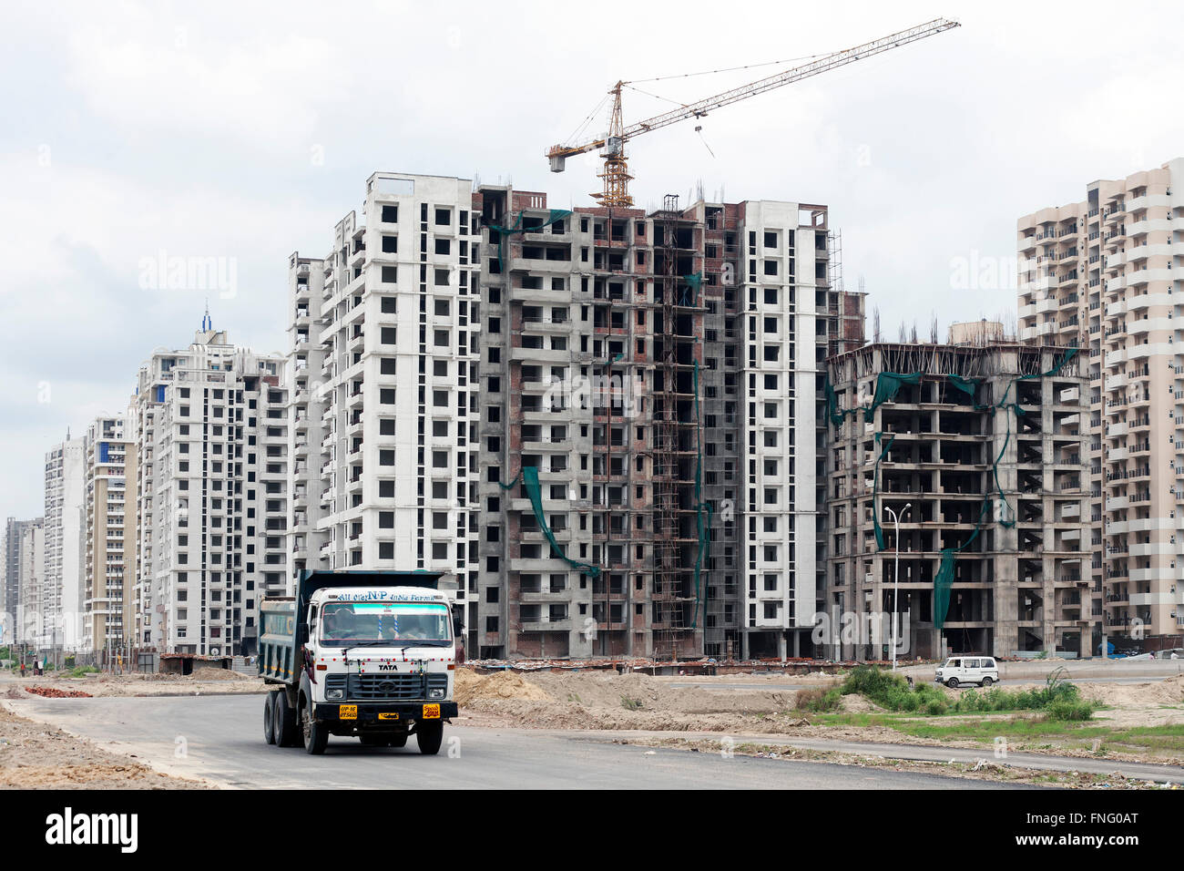 Construction of new block of flats in Noida, India on July 26, 2015 ...