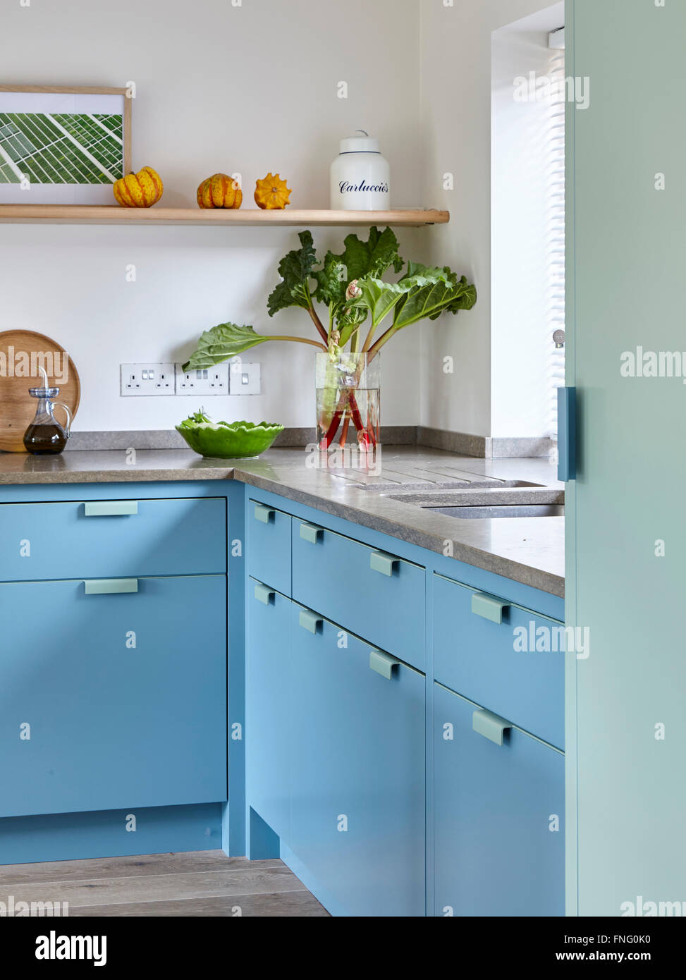 Kitchen blue color bespoke crafted stone worktop hi-res stock ...