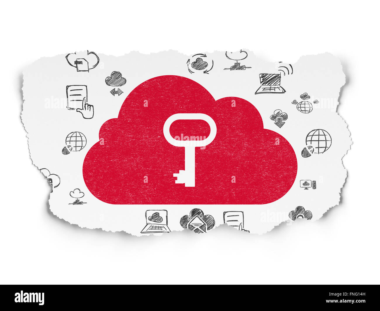Cloud networking concept: Cloud With Key on Torn Paper background Stock ...