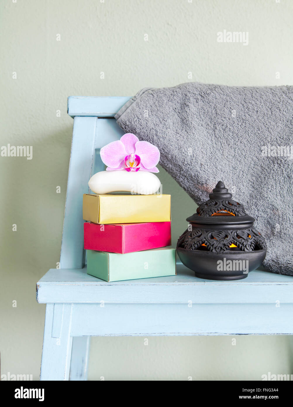 Image of a wellness concept with soaps and traditional pottery Stock ...