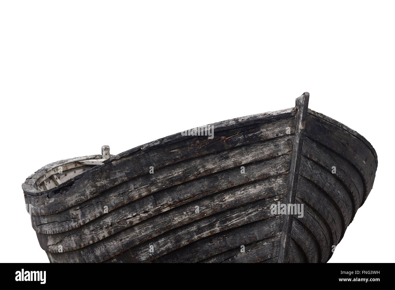 Horizontal side view of an old fishing wood boat with rusted nails ...