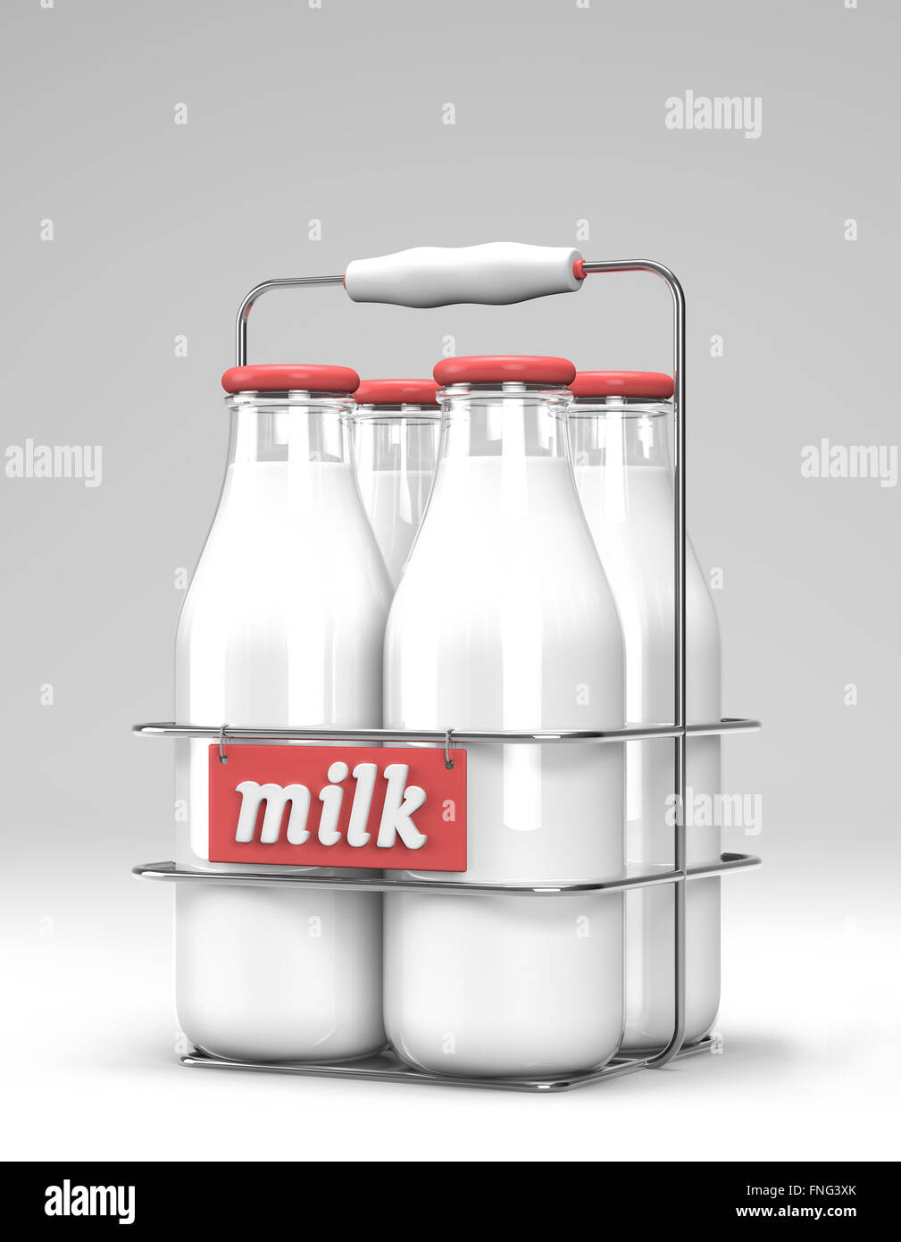 Four glass bottles of milk with light red caps in a metal carrying case ...