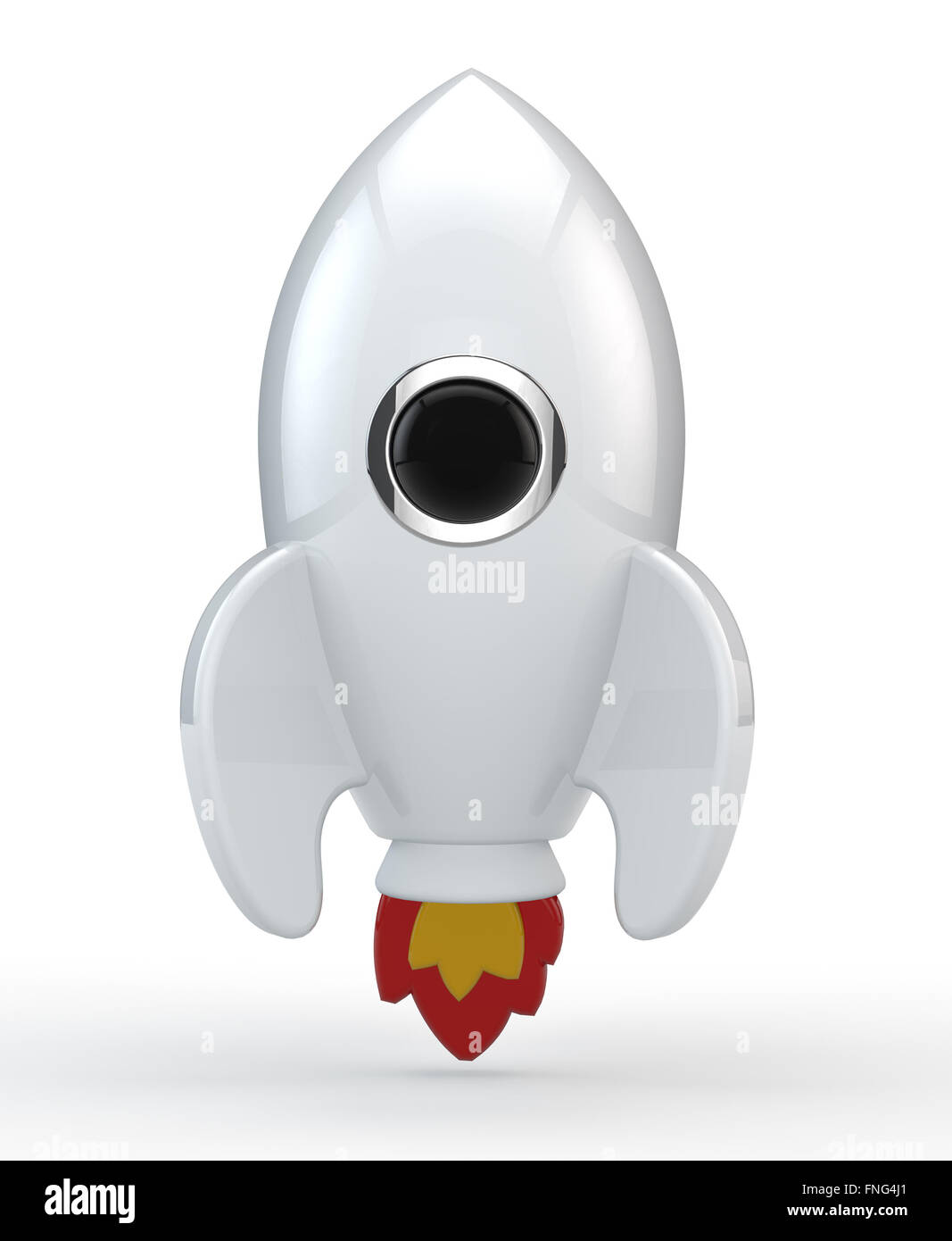 3D render of a symbolic rocket. The rocket is white and has red and ...