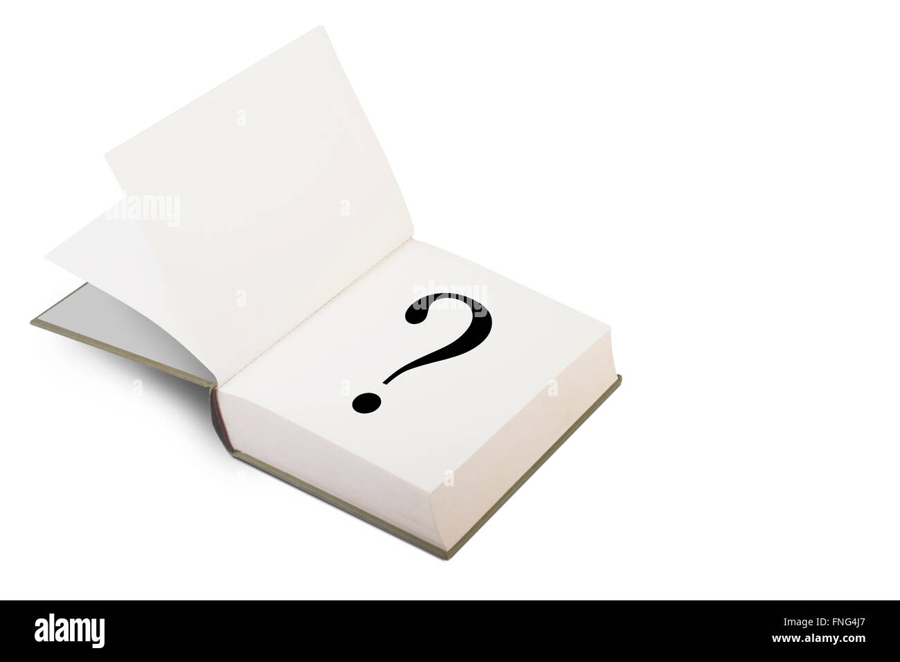 An open hard cover book with blank pages with the question mark sign ...