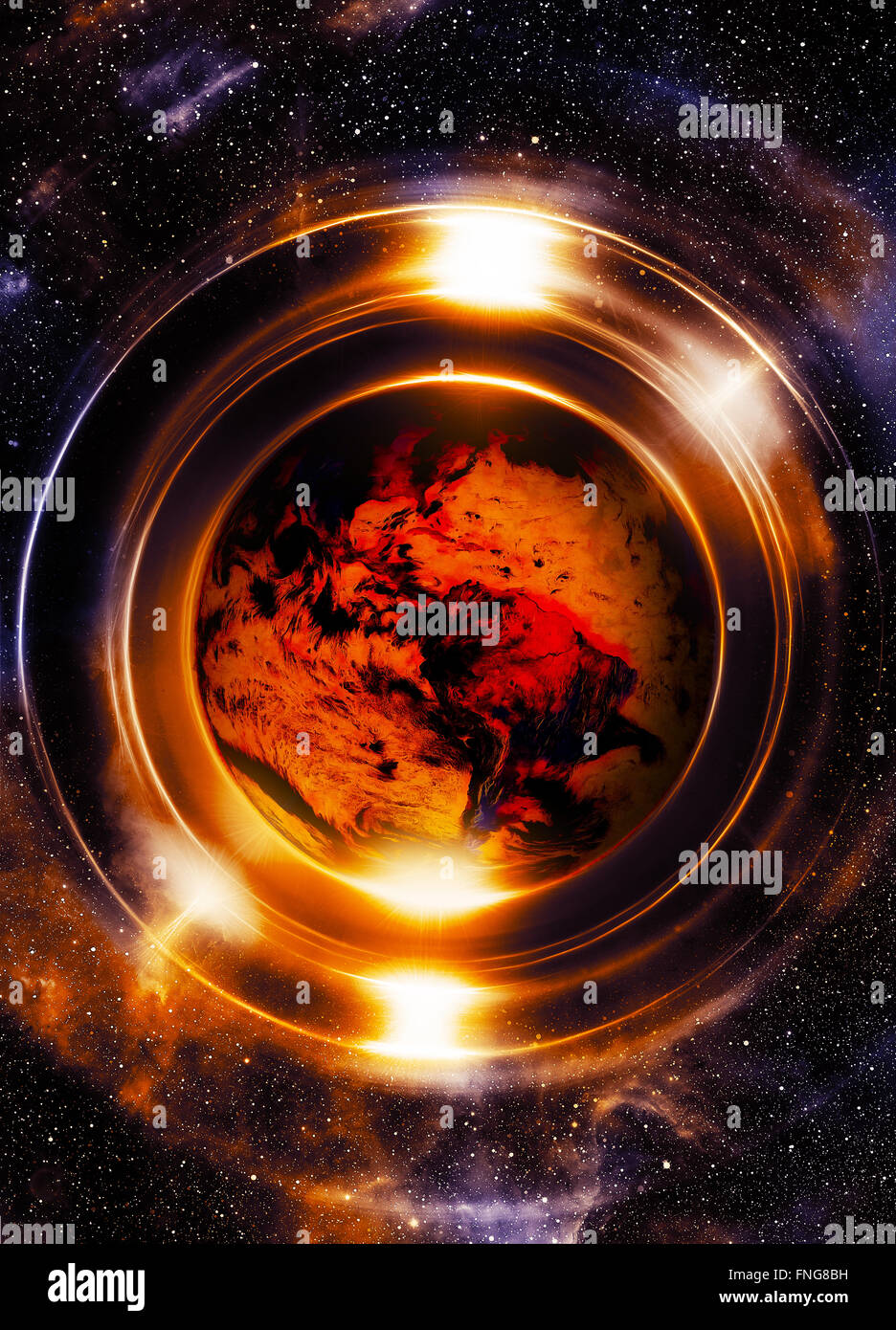 Planet earth in light circle, Cosmic Space background. Computer collage ...
