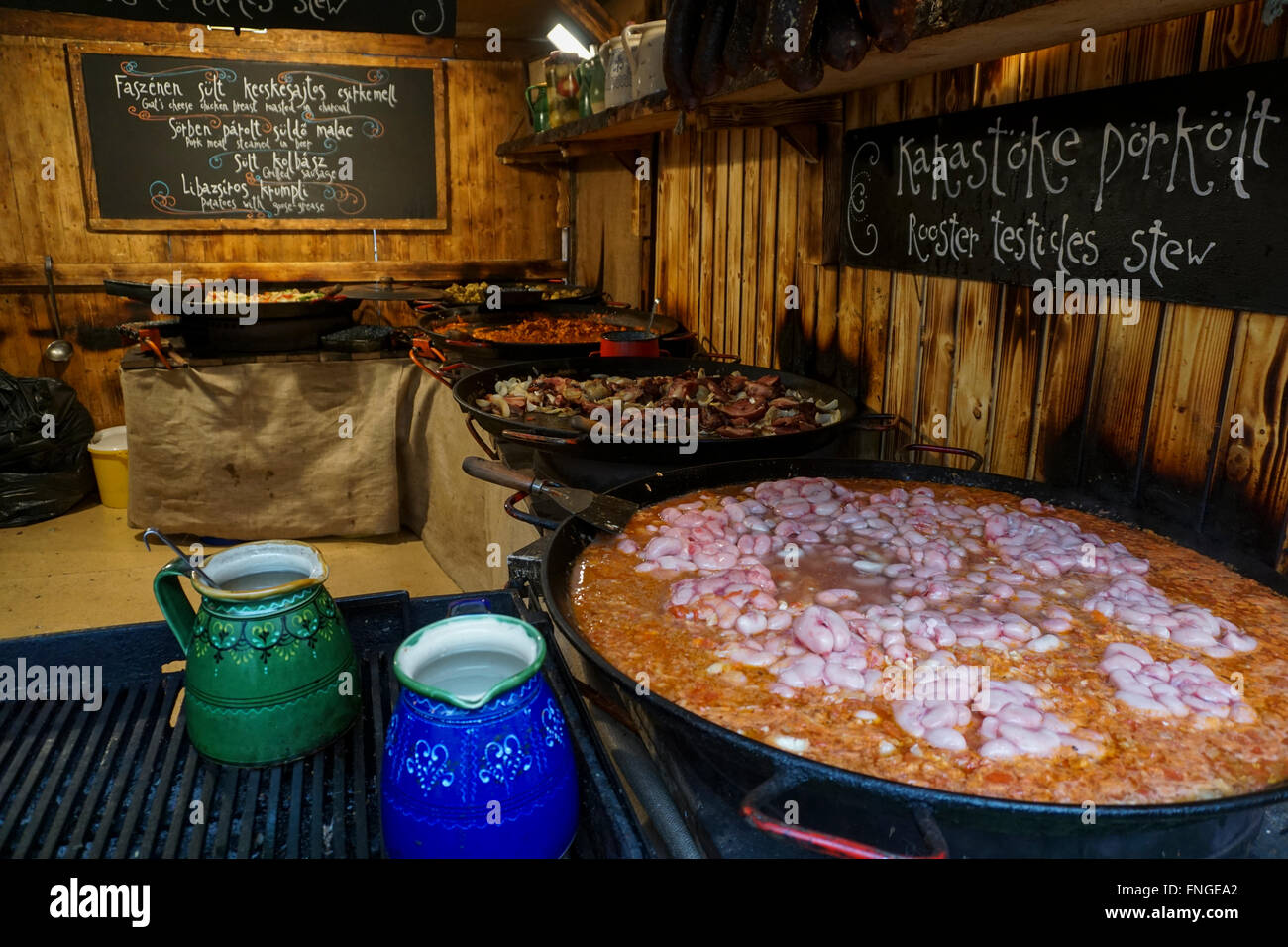 Budapest, Hungary Rooster testicles stew cooking at a food stall in the ...