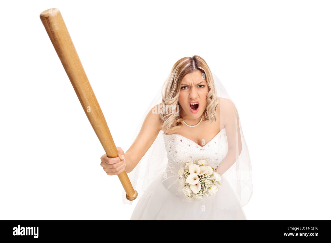 Angry young bride holding a baseball bat and yelling isolated on white ...