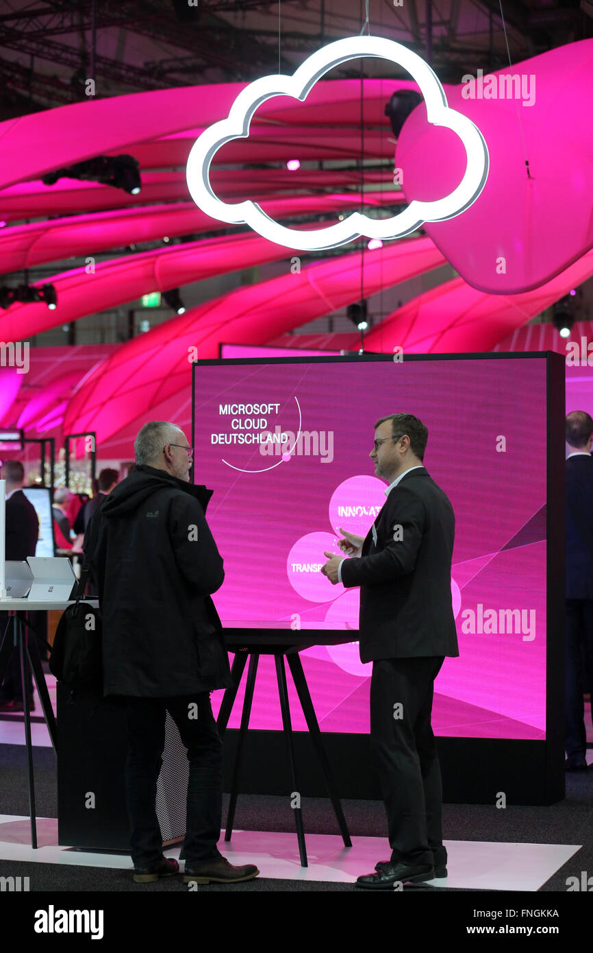 Booth of the German Telekom under a cloud, which symbolizes cloud ...