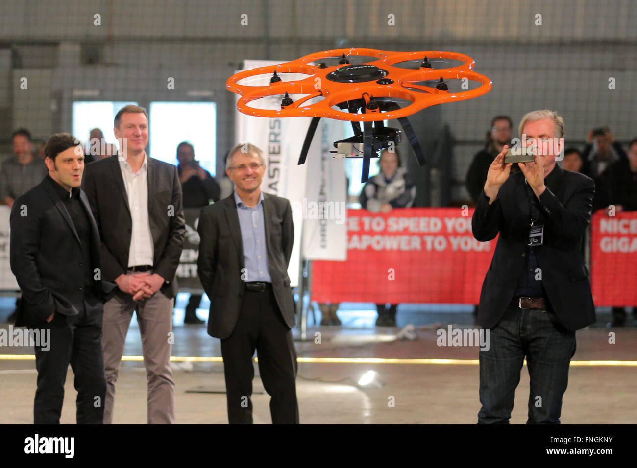 Demonstration of drones on the Dronemasters Summit at the 2016 CeBIT ...
