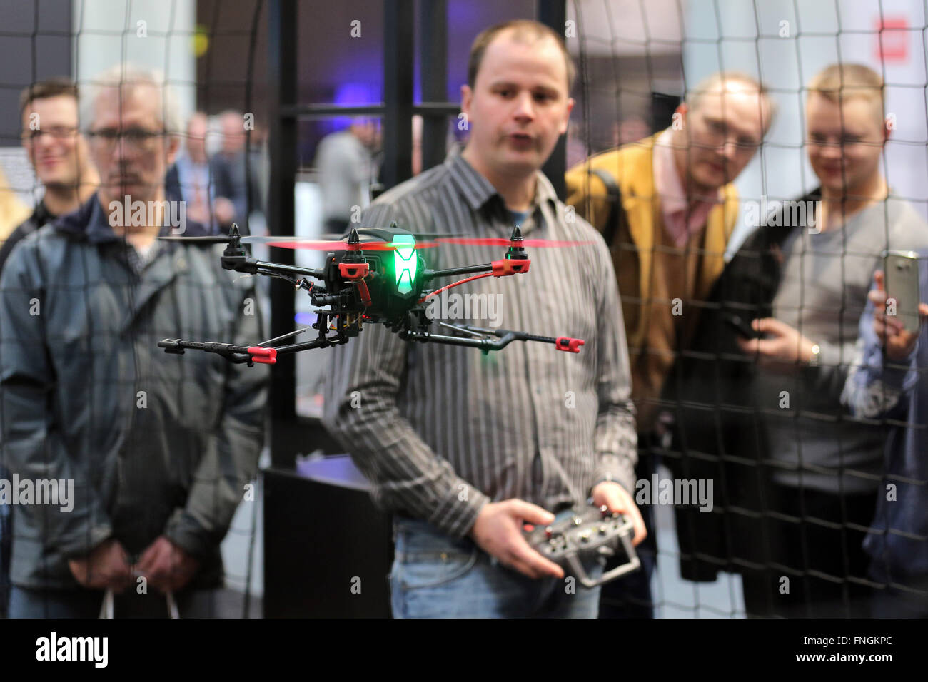 Demonstration of drones on the Dronemasters Summit at the 2016 CeBIT ...