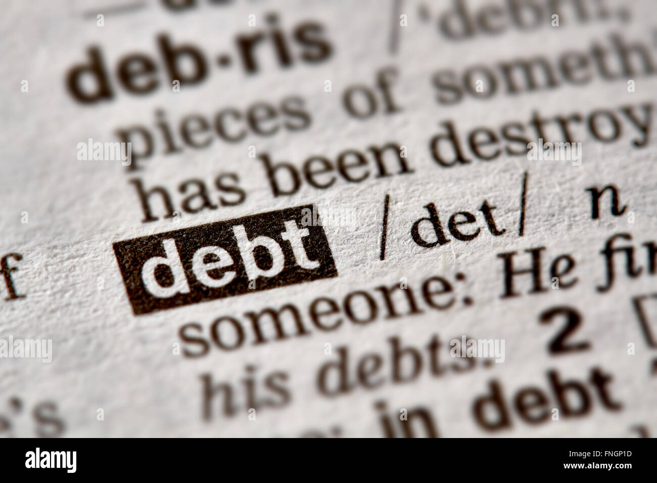 Debt Word Definition Text in Dictionary Page Stock Photo - Alamy