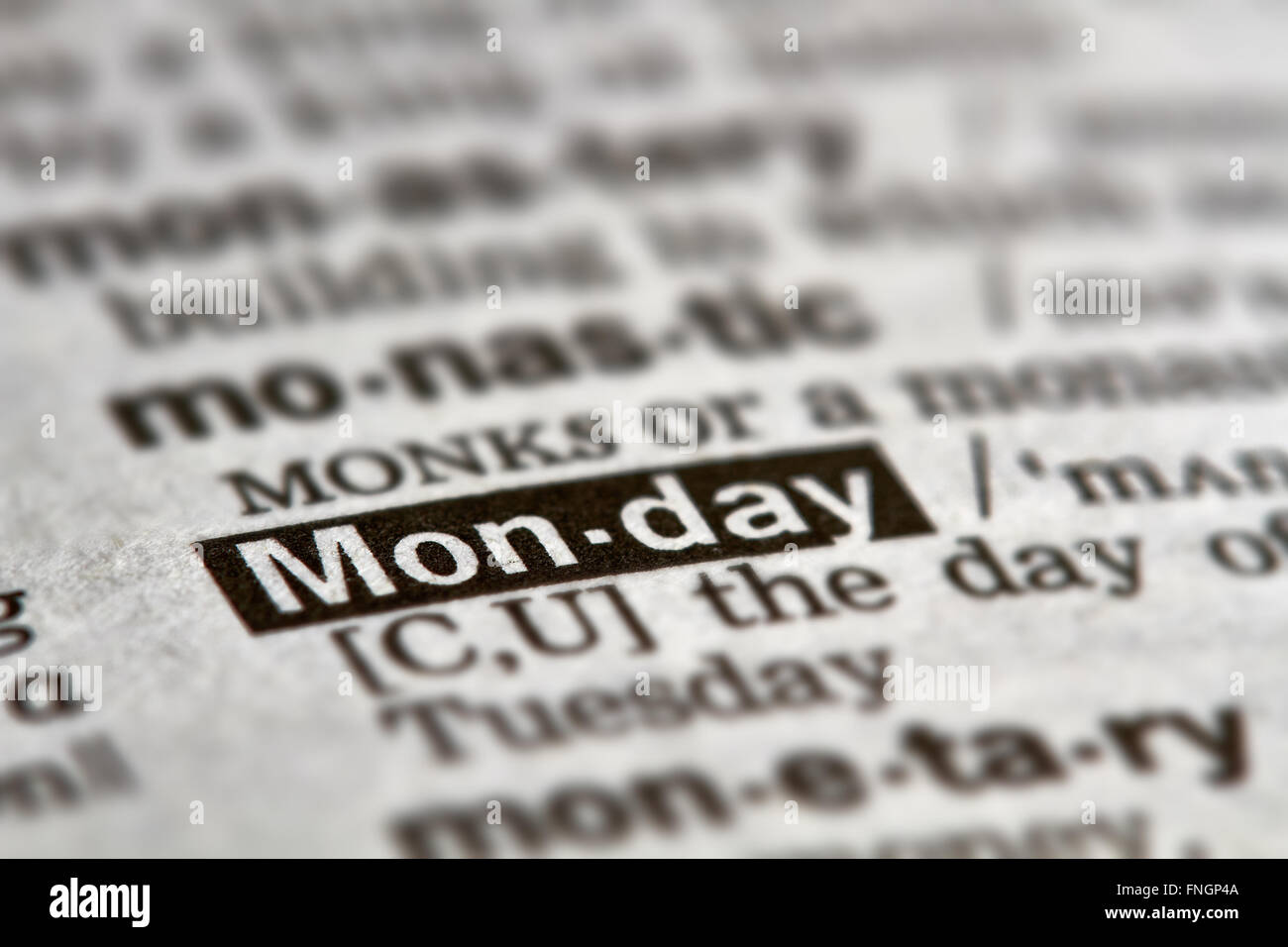Monday Word Definition Text in Dictionary Page Stock Photo - Alamy