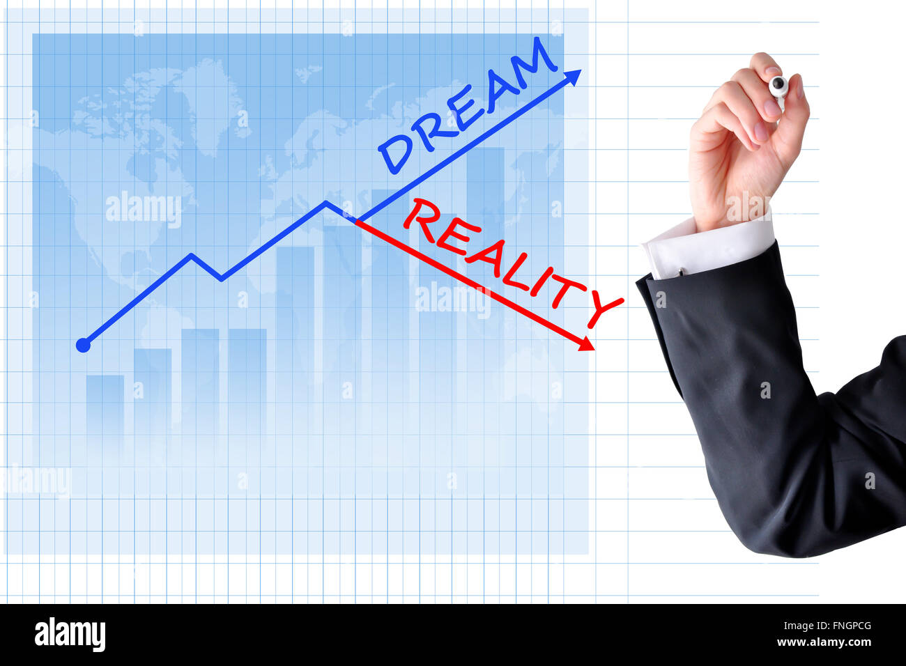 Business dream versus reality concept with bar graph and business man ...