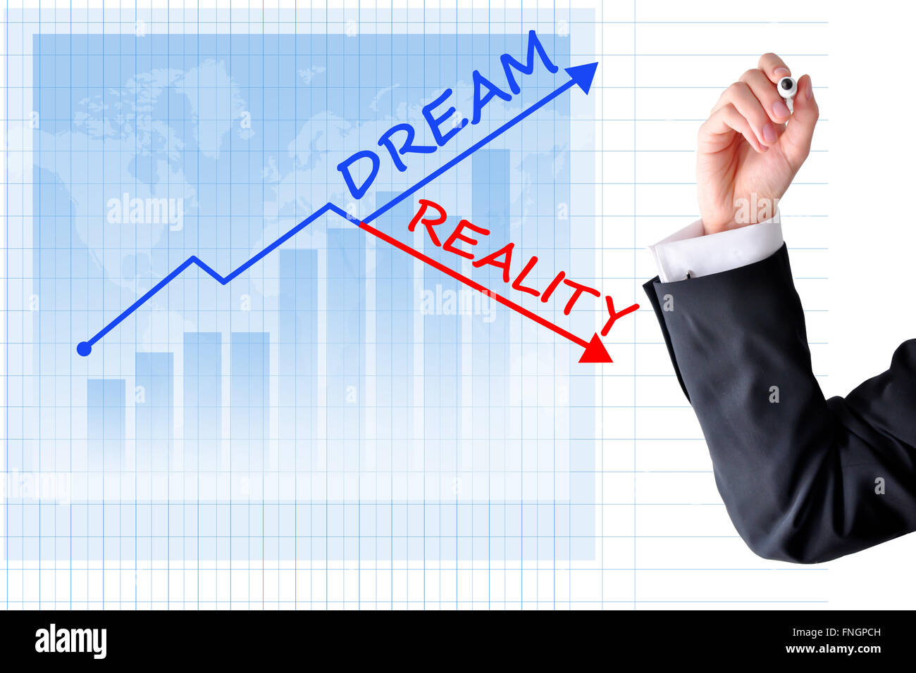 Business dream versus reality concept with bar graph and business man ...