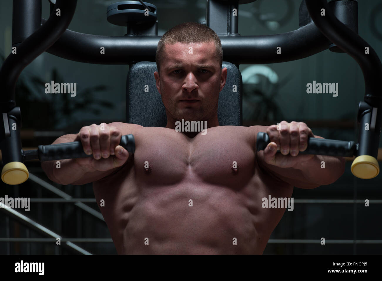 Bodybuilder Doing Heavy Weight Exercise For Chest On Machine Stock ...