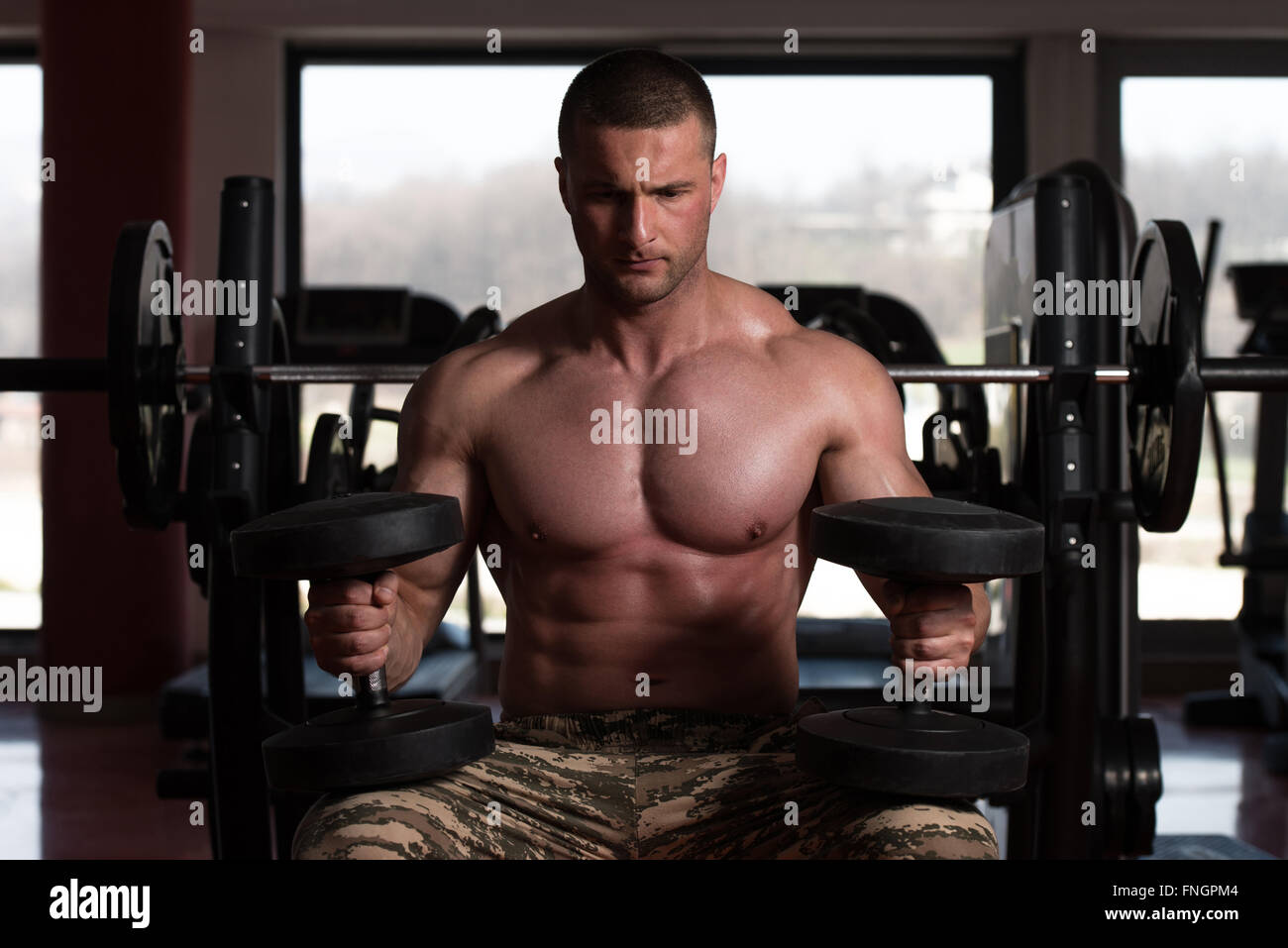 Bodybuilder Working Out Shoulders - Dumbbell Concentration Curls Stock ...