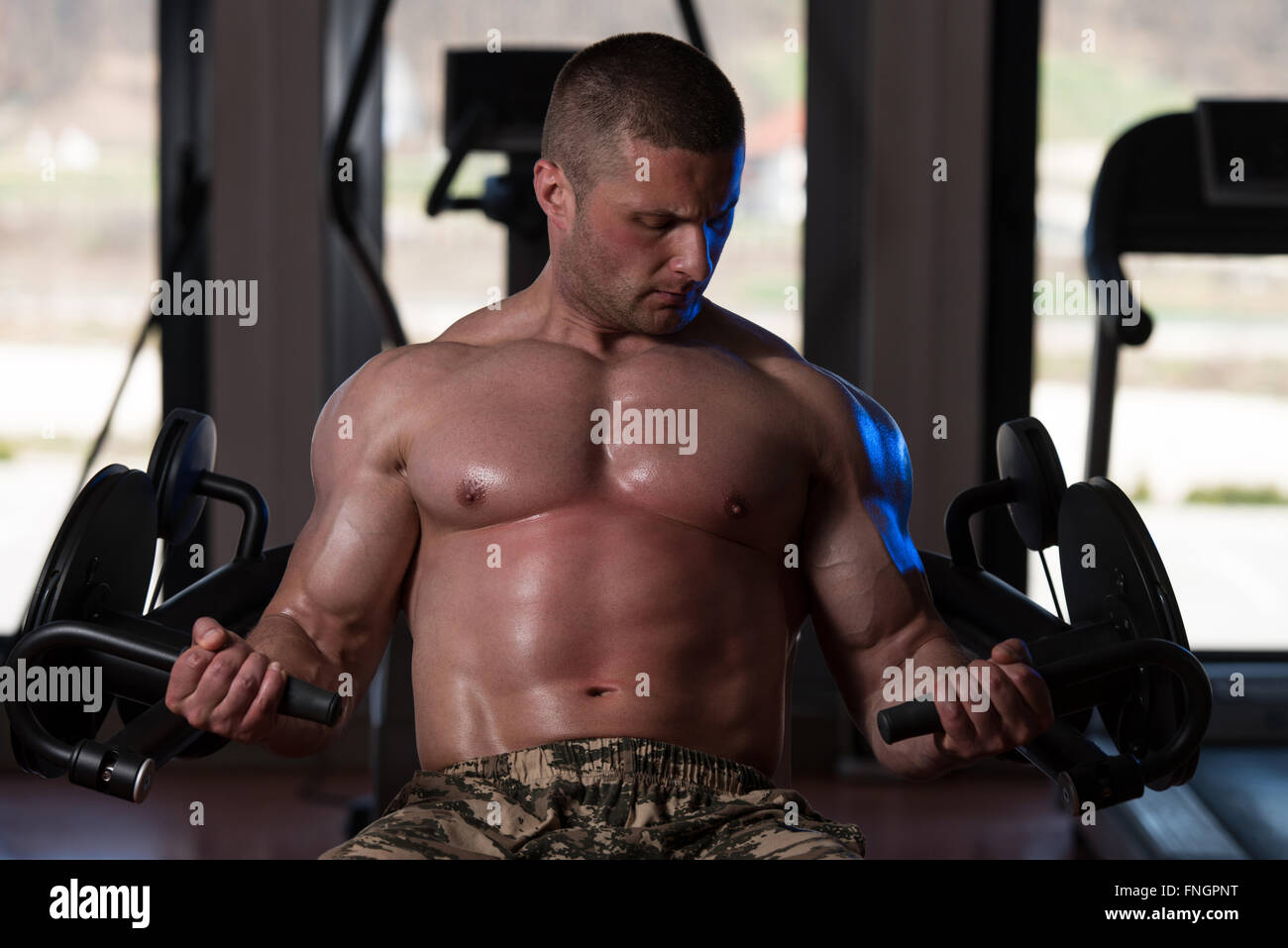 Healthy Man Working Out Biceps - Machine Concentration Curls Stock ...