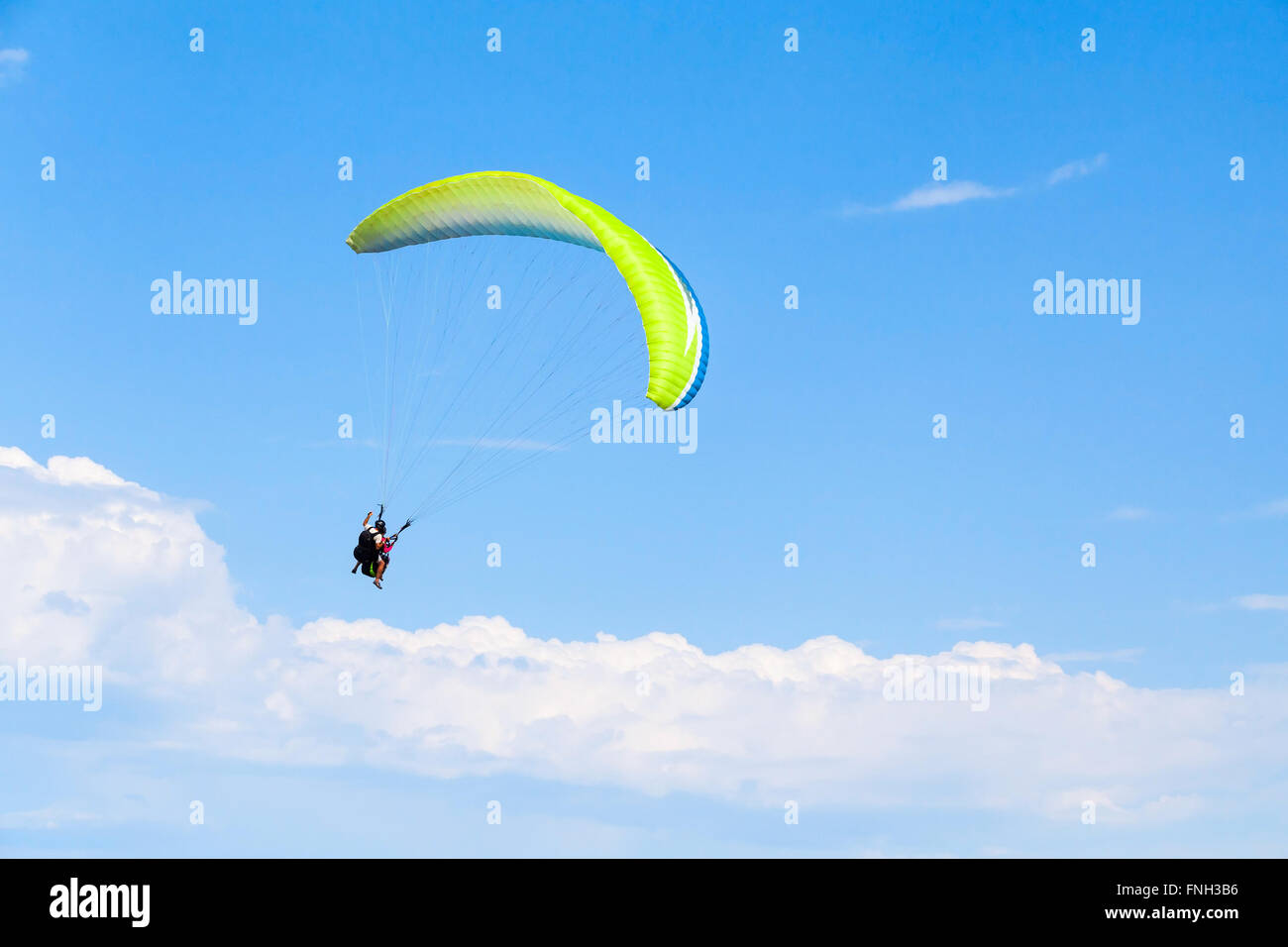Paragliders in bright blue sky, tandem of instructor and beginner Stock ...