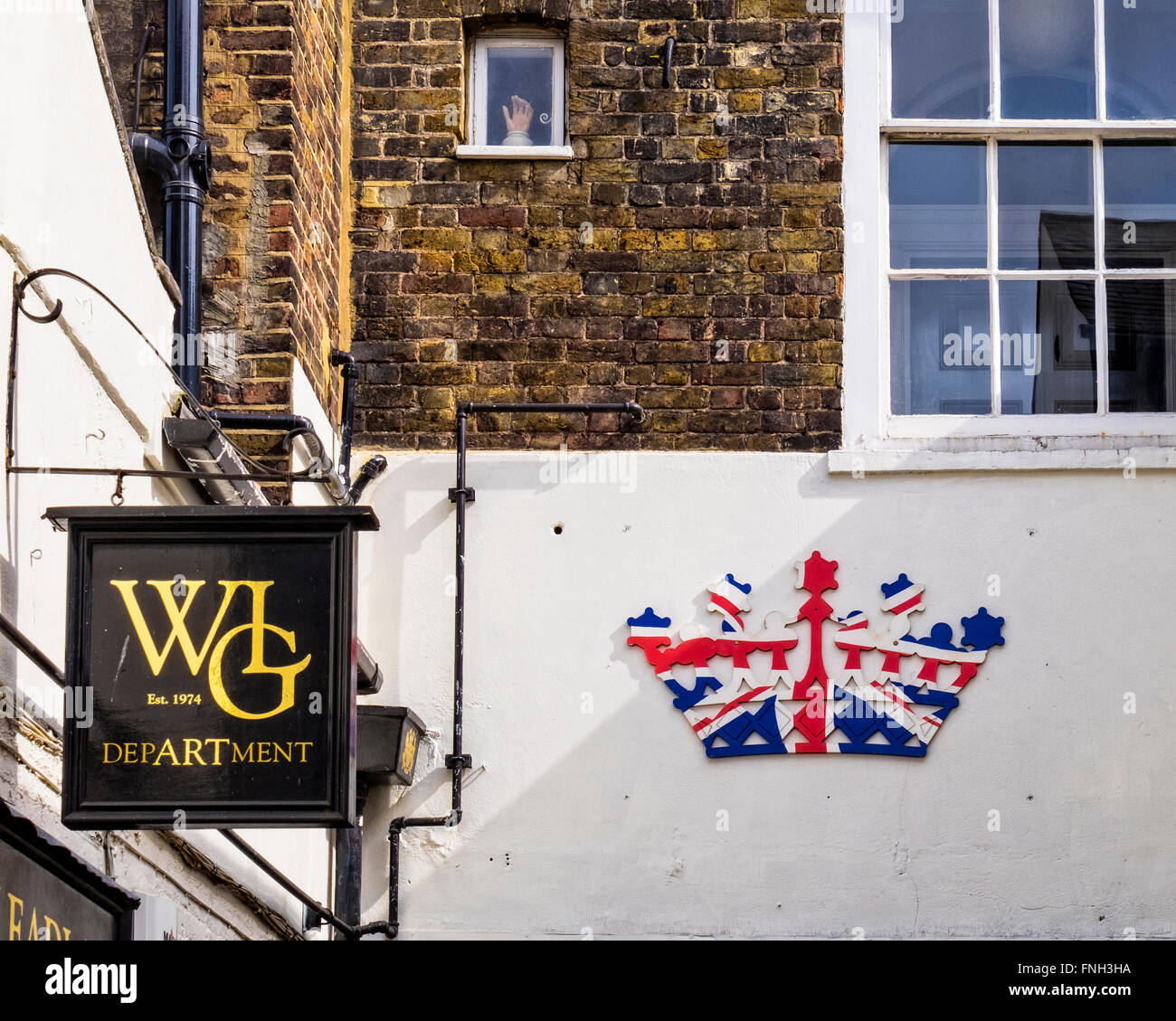 Union Jack Flag in shape of crown on side of building, London ...