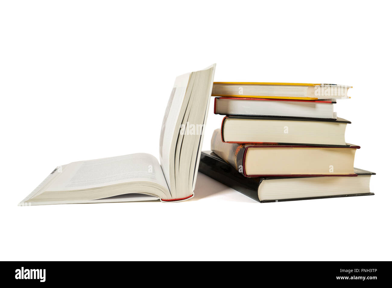 High books stack with open book isolated on white background. Many ...