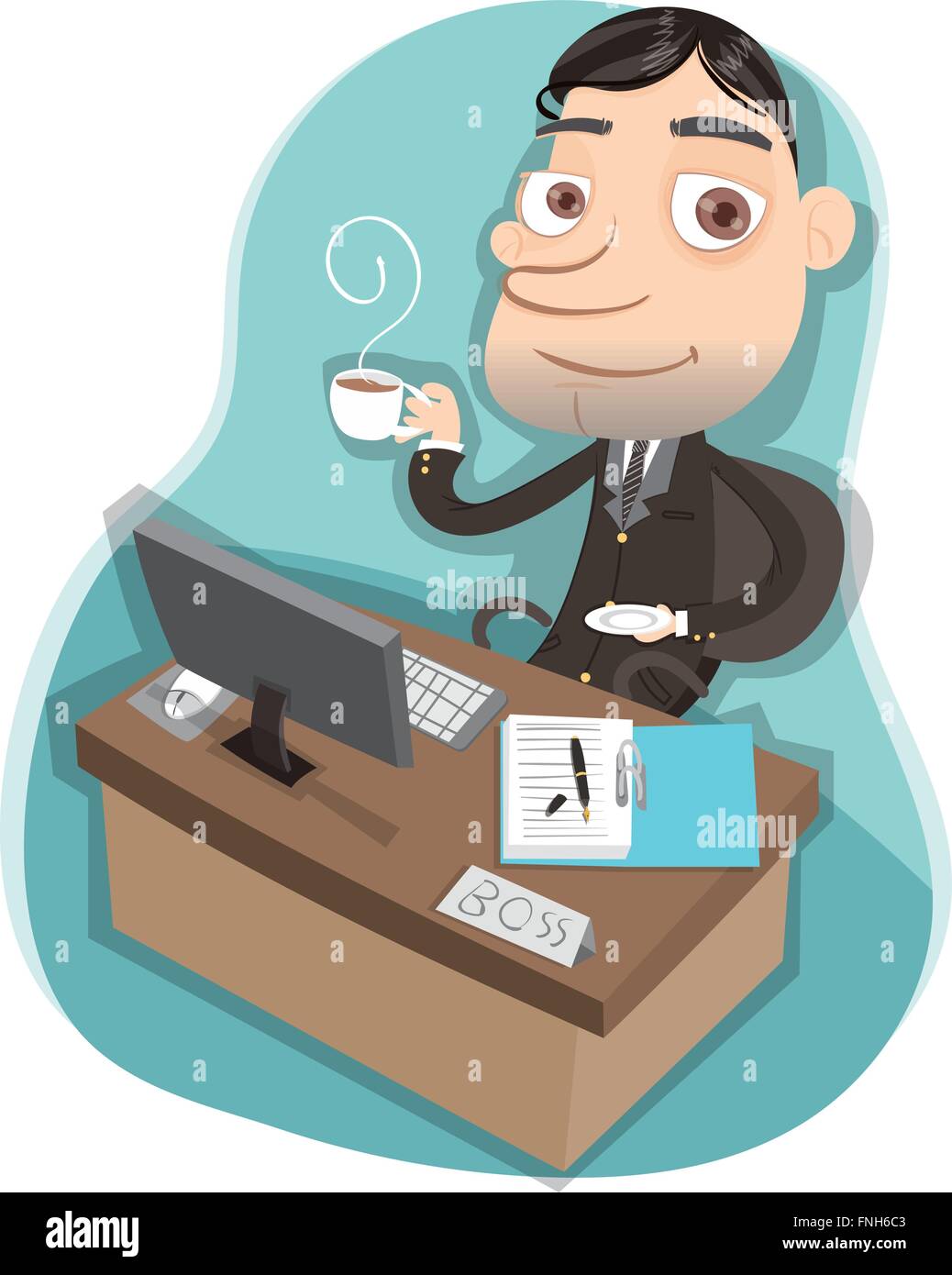 cartoon boss at working desk with a cup of coffee Stock Vector Image ...