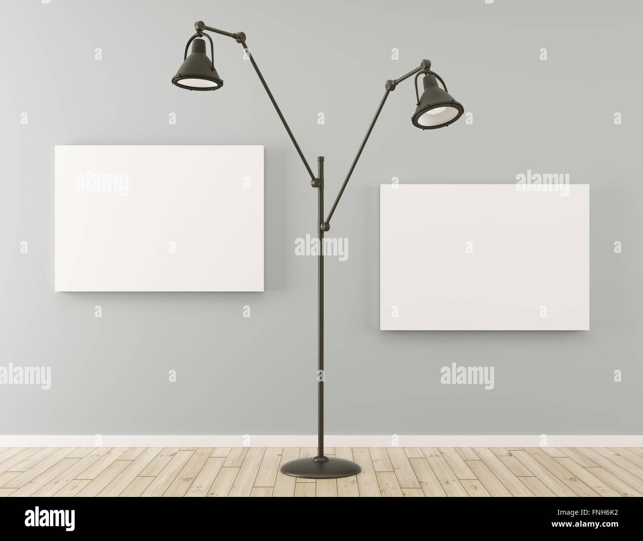 Interior with black floor lamp and two posters over the blue wall 3d ...