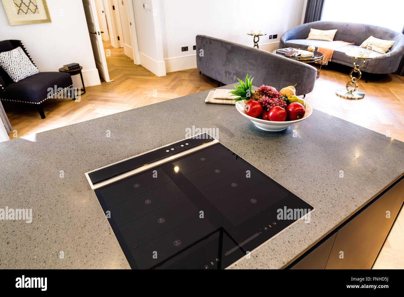 Modern Electronic Hob with Granit Countertop and Living Room Stock ...