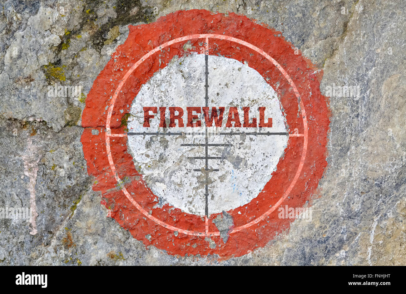 Single word Firewall in the center of a red circle on textured ...
