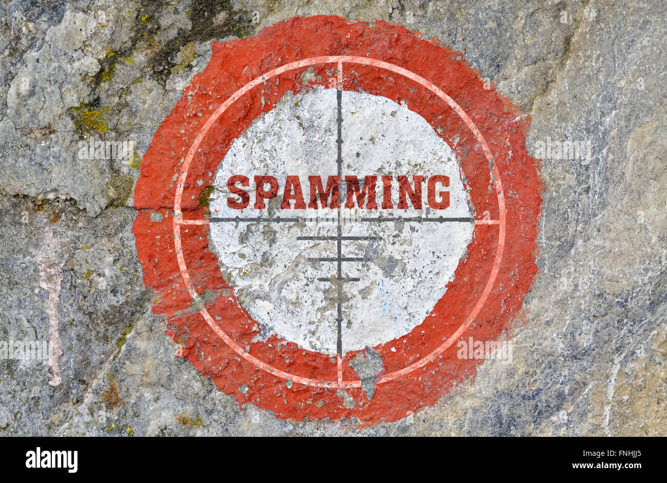 Single word Spamming in the center of a red circle on textured ...