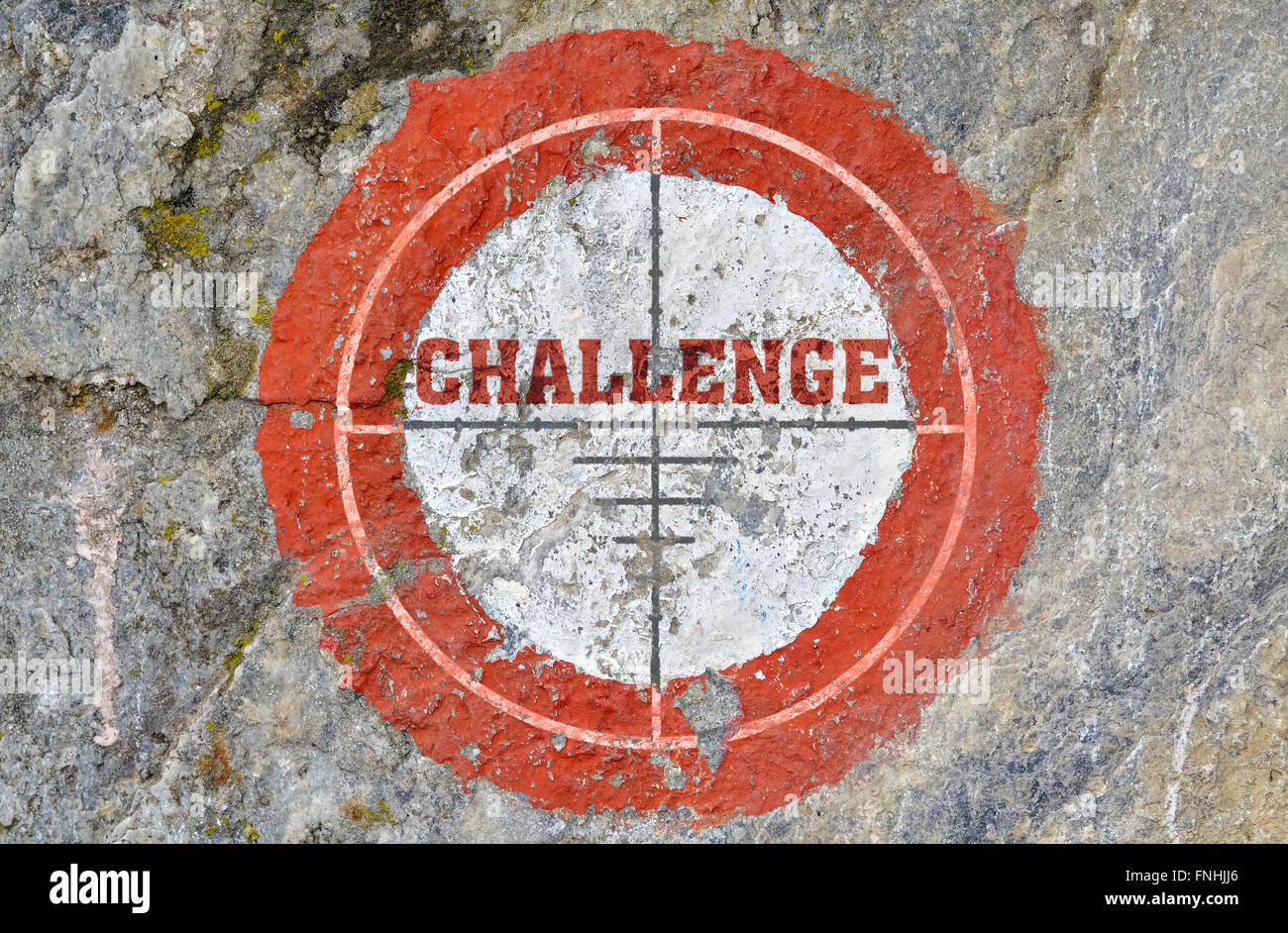 Single word Challenge in the center of a red circle on textured ...