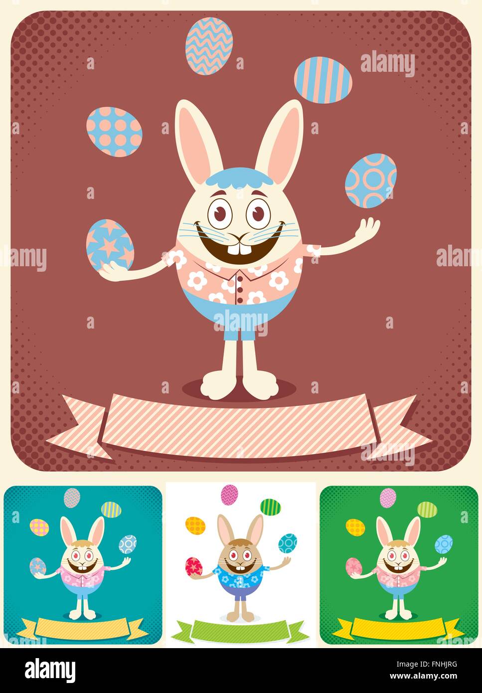 Easter bunny juggling with Easter eggs. Illustration is in 4 versions ...