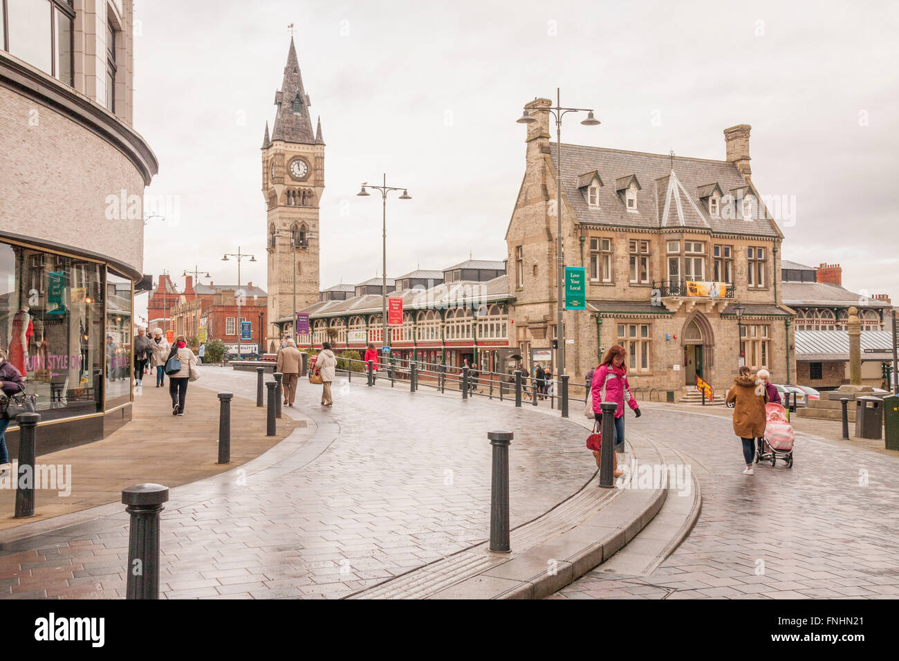 A view of the town clock and indoor market in Darlington in the north ...