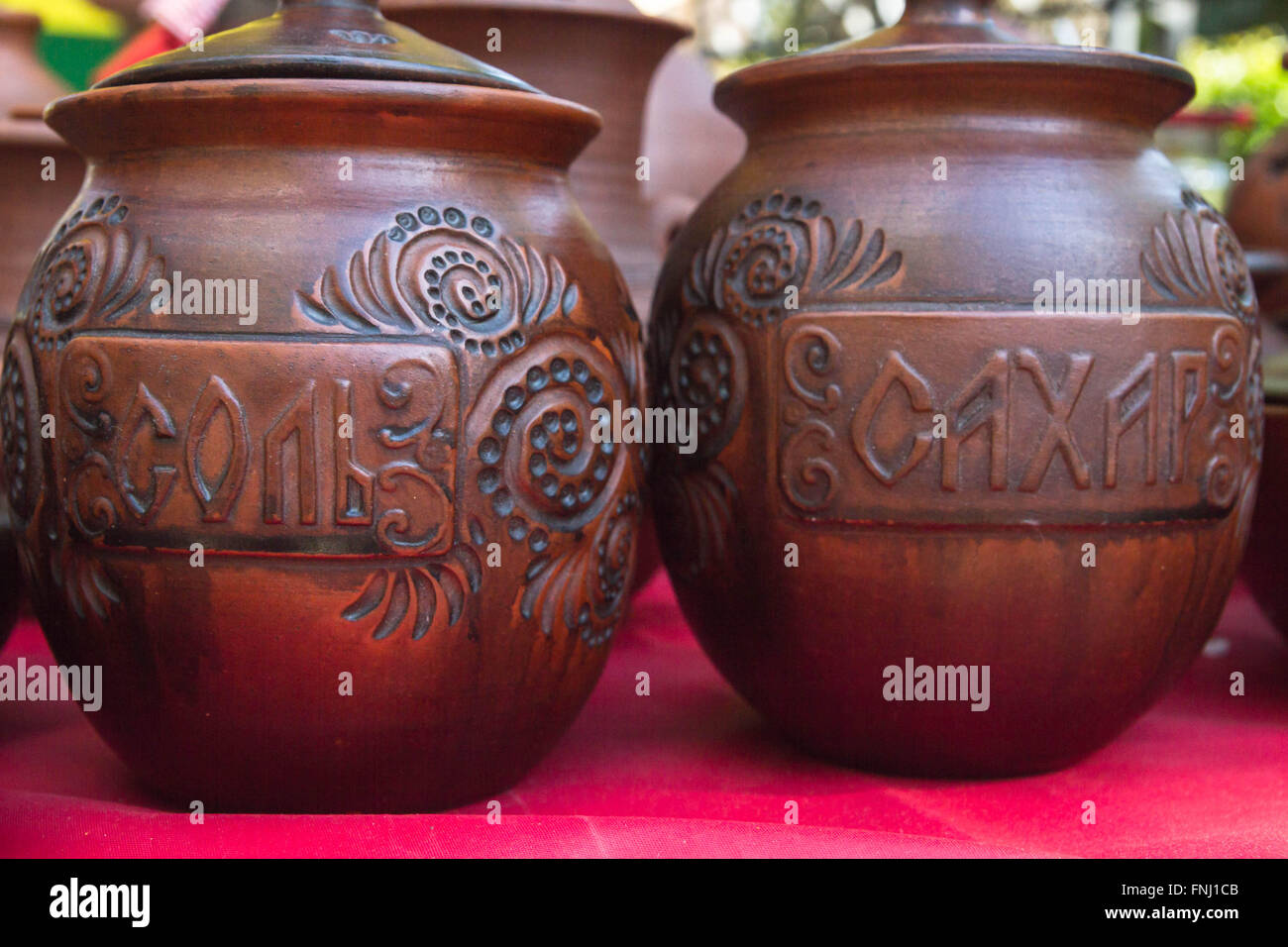 Clay brown jars with inscriptions salt and sugar Stock Photo - Alamy