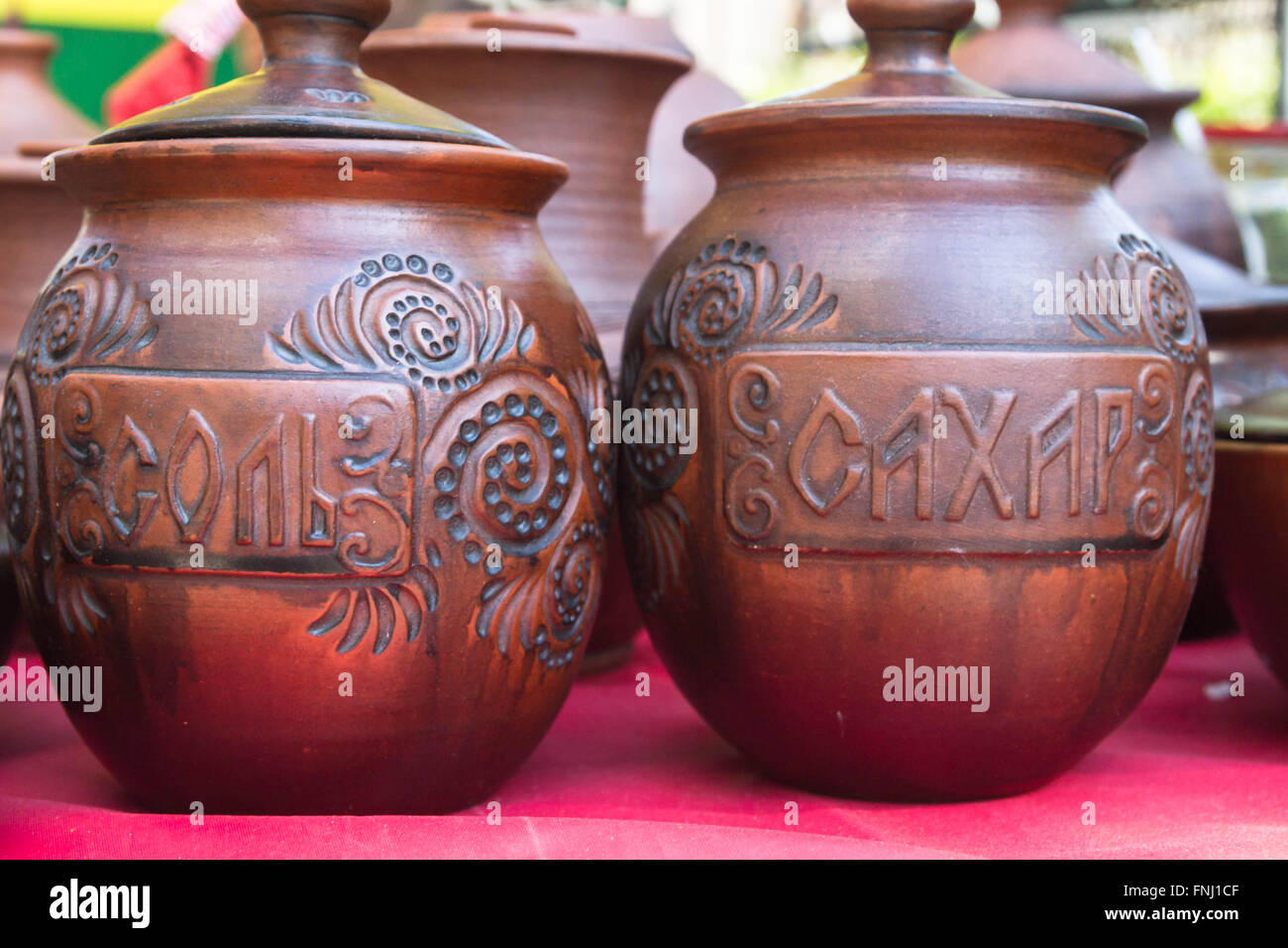 Clay brown jars with inscriptions salt and sugar Stock Photo - Alamy