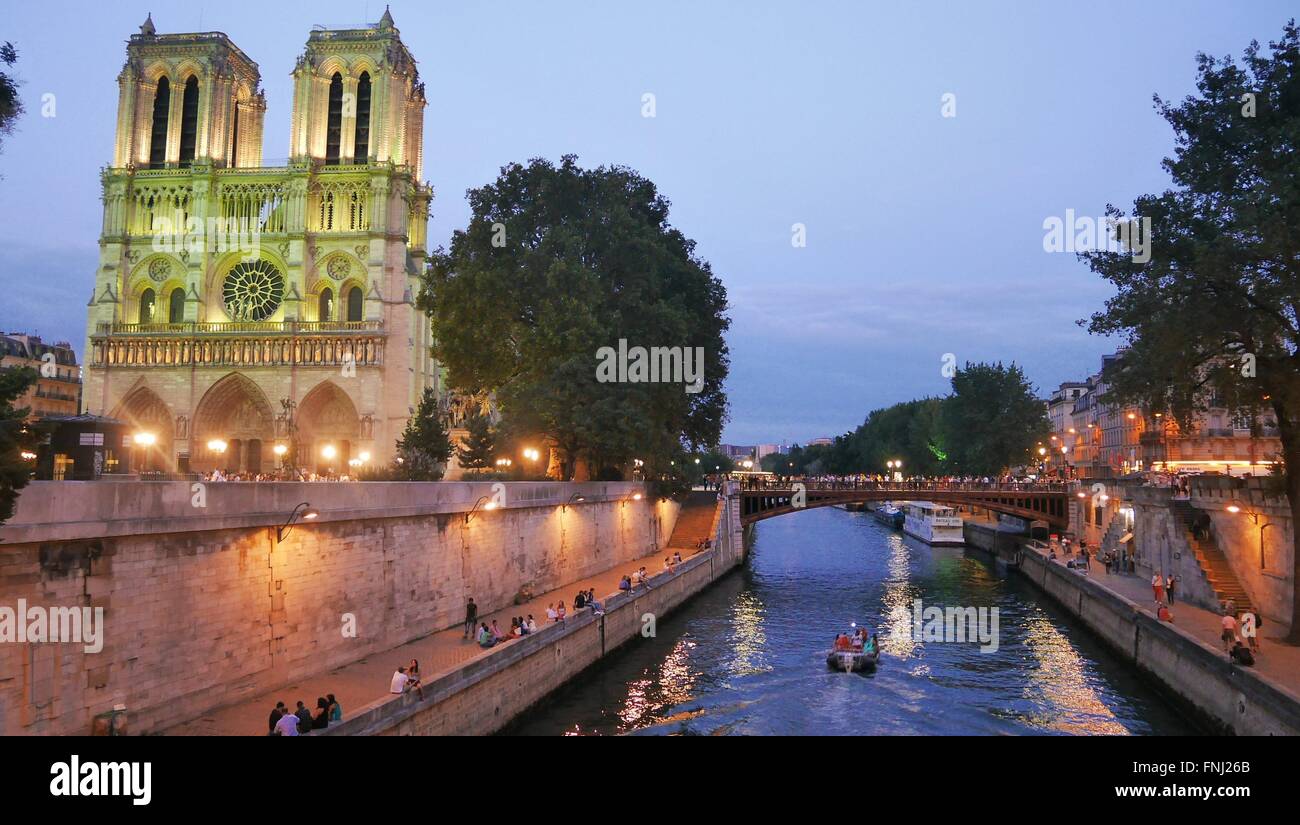 Notre Dame de Paris and the river Seine, Paris, at night Stock Photo ...
