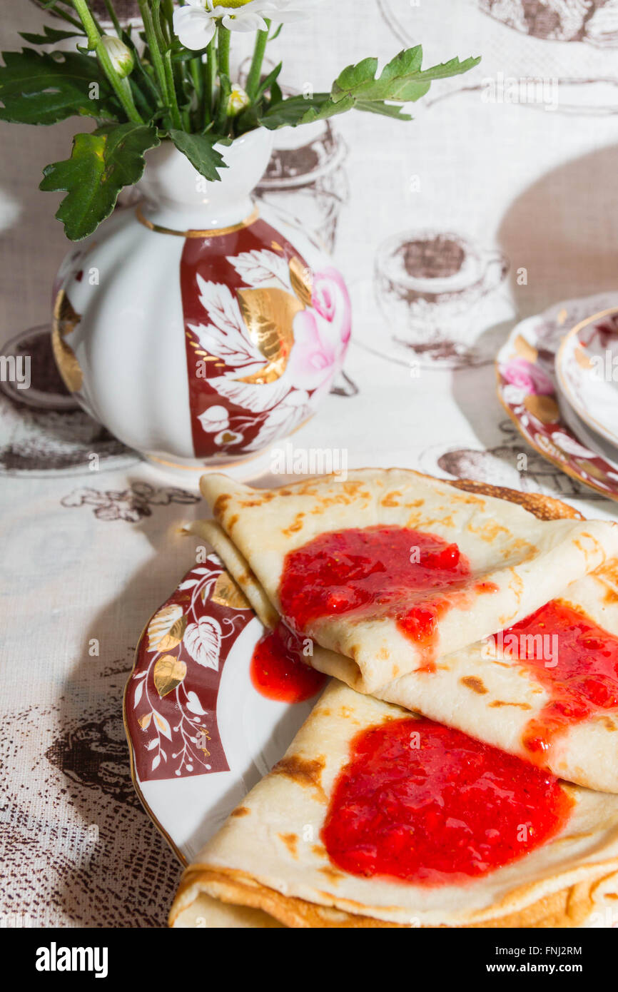 Pancakes with fresh strawberry jam for Breakfast Stock Photo - Alamy