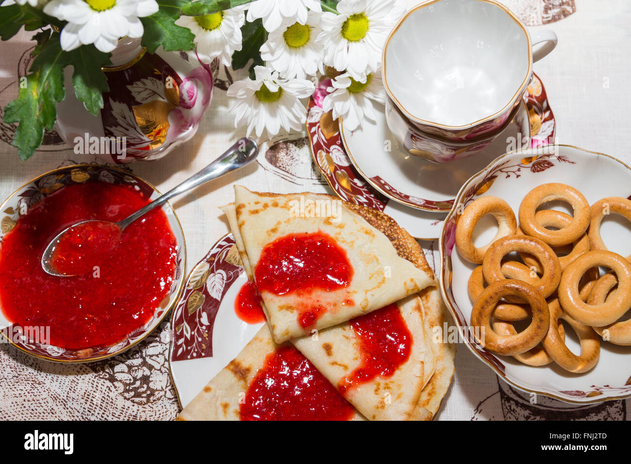Pancakes with fresh strawberry jam for Breakfast Stock Photo - Alamy