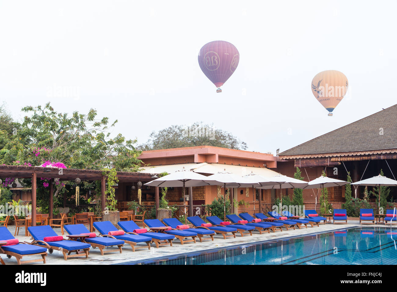 Wide angle shot of pool at luxury upscale resort in Bagan, Myanmar in ...