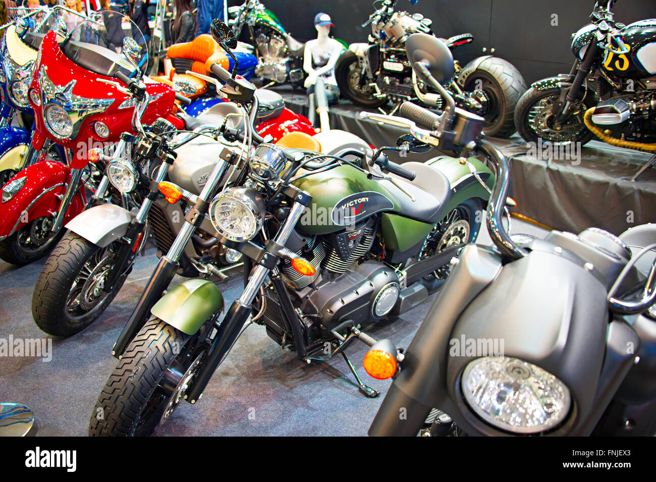 KIEV, UKRAINE - MARCH 13, 2016: Row of retro and custom motorcycles on ...