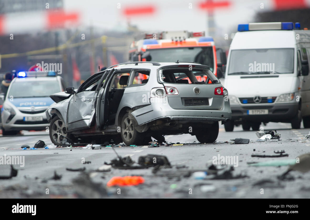 Berlin, Germany. 15th Mar, 2016. A damaged car pictured on ...