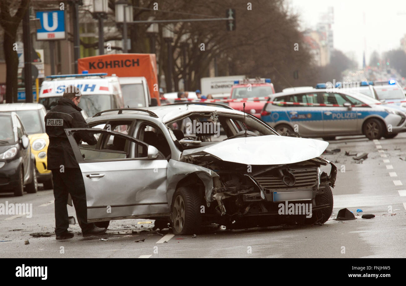 Berlin, Germany. 15th Mar, 2016. A damaged car pictured on ...