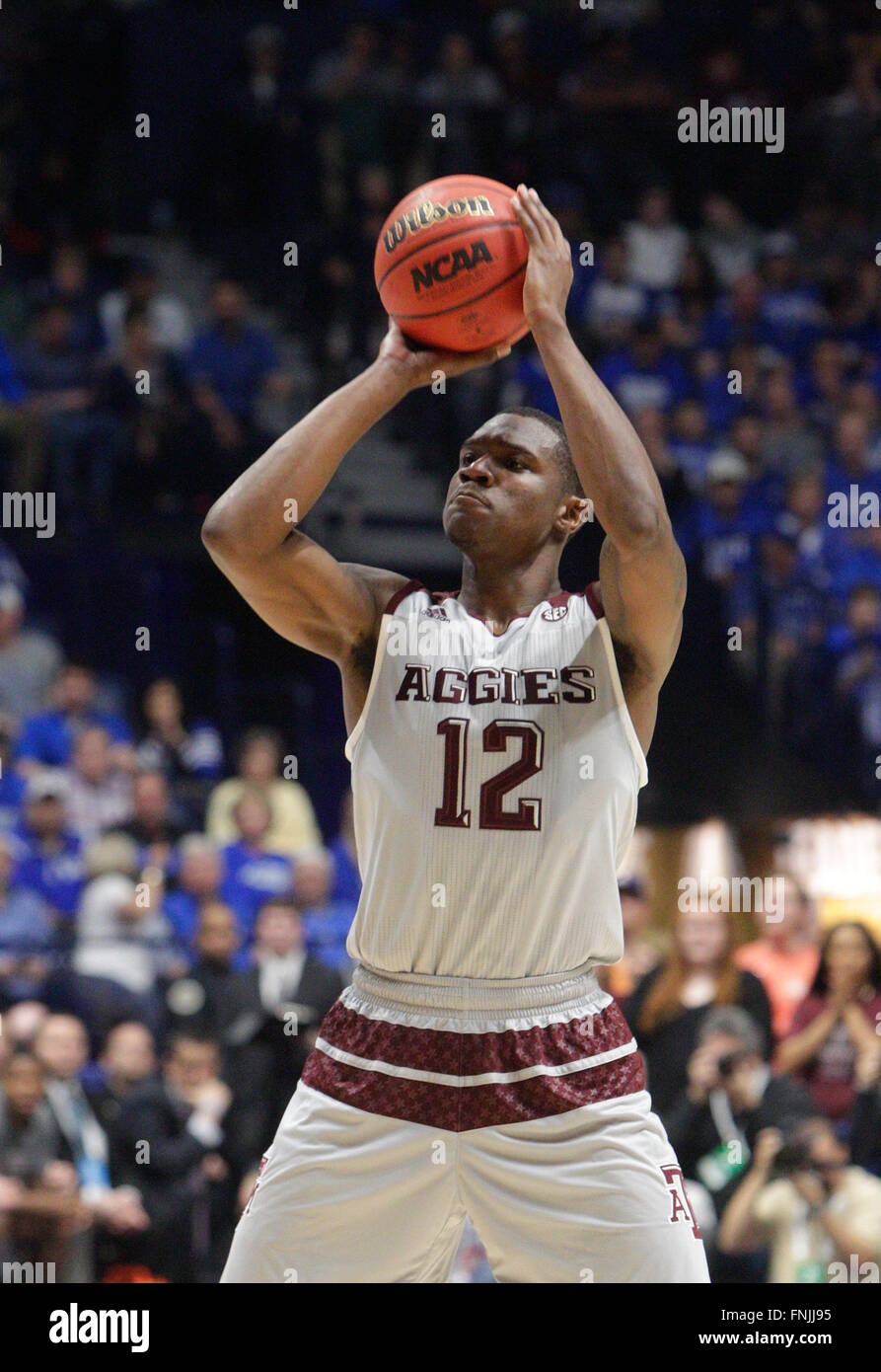 Overtime. 13th Mar, 2016. Texas A&M guard Jalen Jones (12) shoots ...
