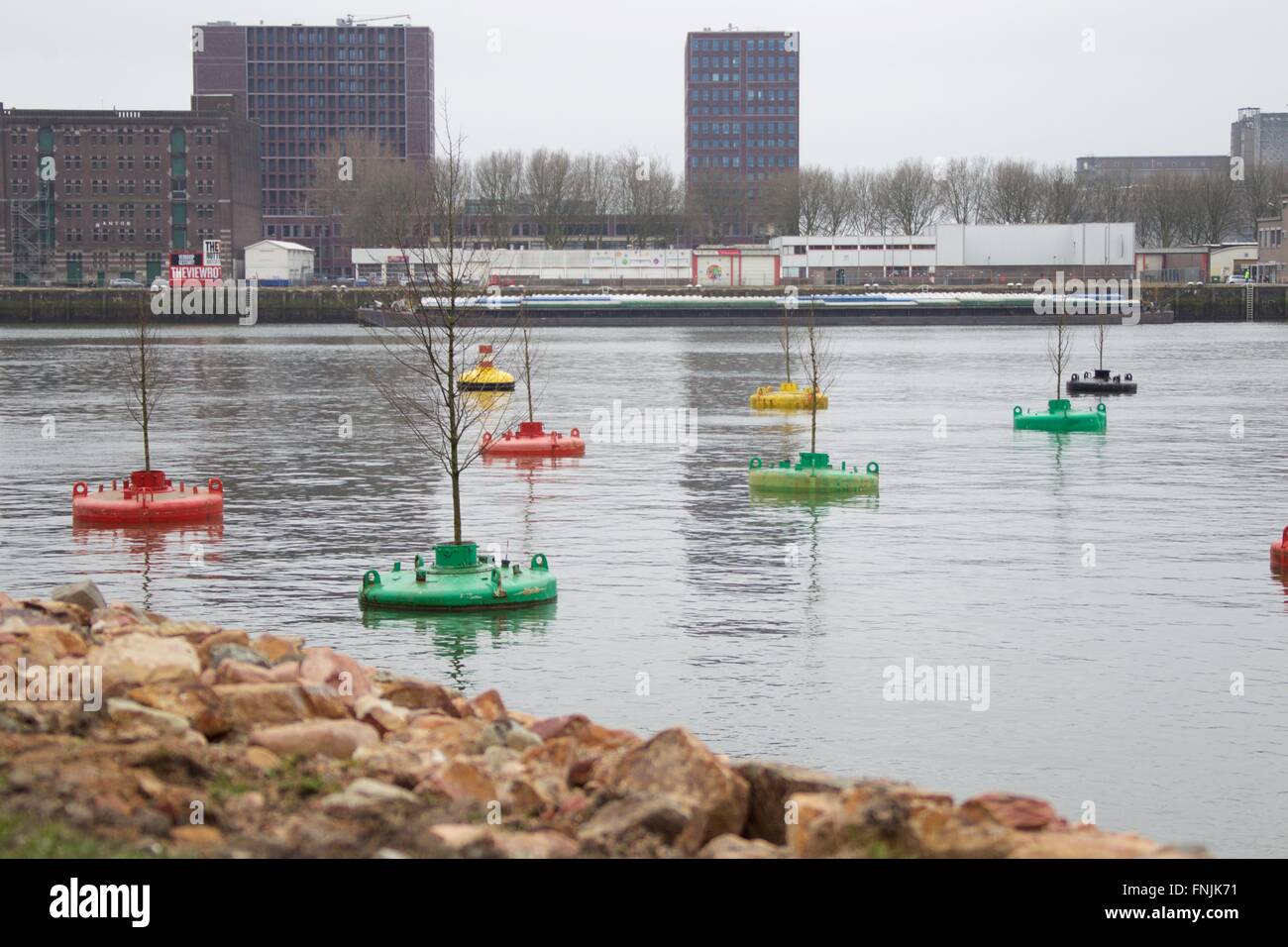 Rotterdam, Netherlands. 15th Mar, 2016. Trees planted in recycled buoys ...