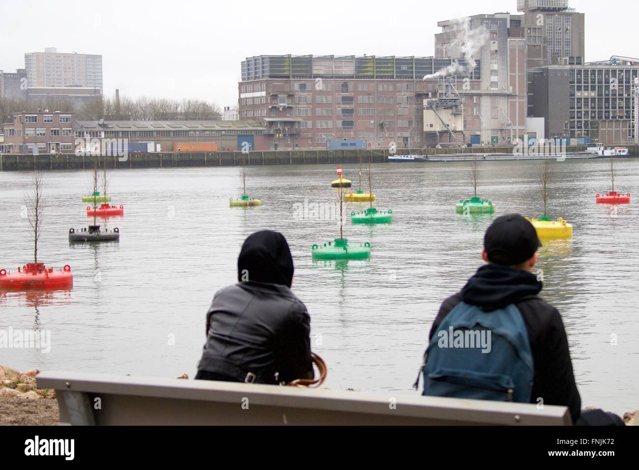 Rotterdam, Netherlands. 15th Mar, 2016. Trees planted in recycled buoys ...