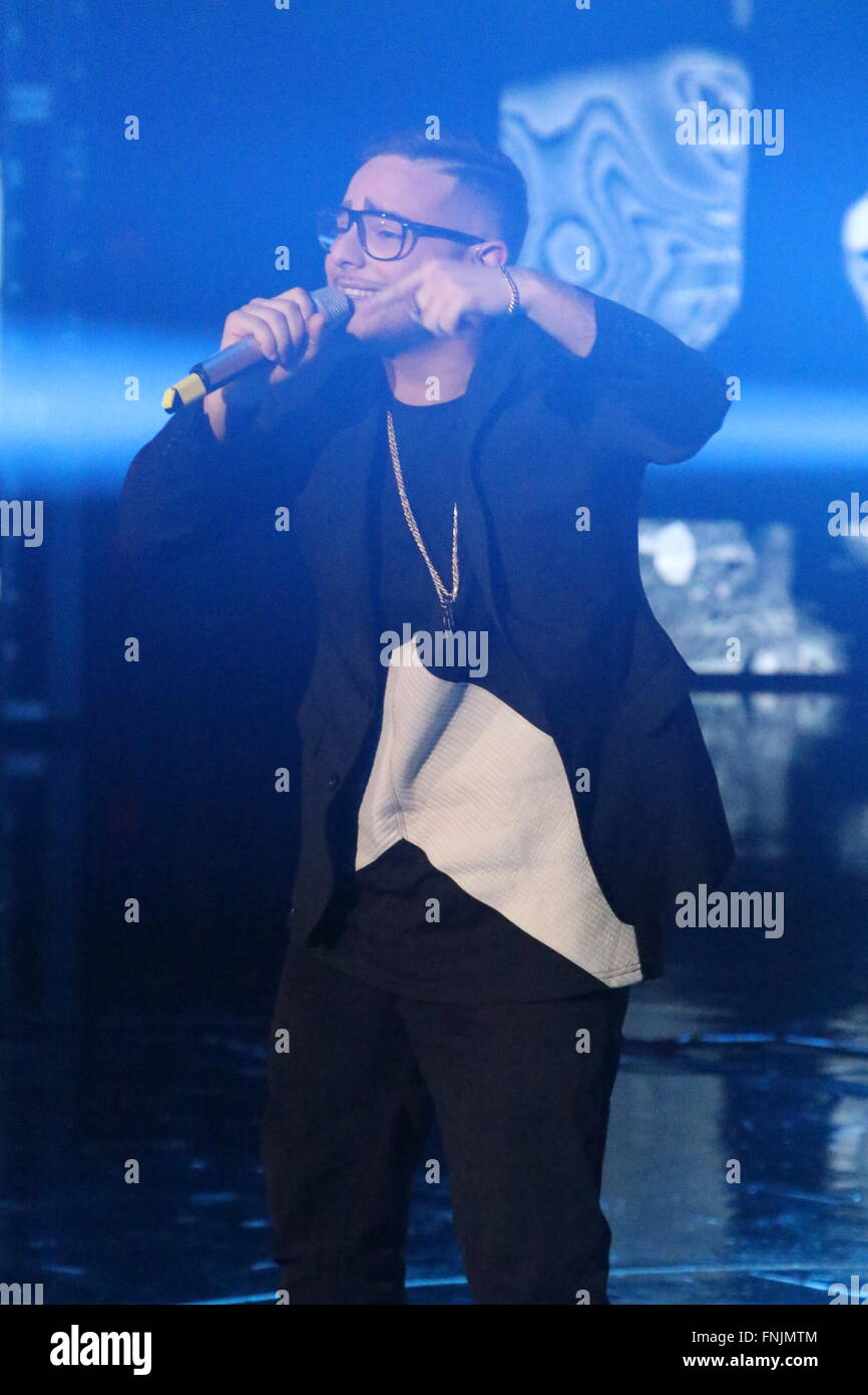 Napoli, Italy. 15th Mar, 2016. The rapper Rocco Hunt during his ...