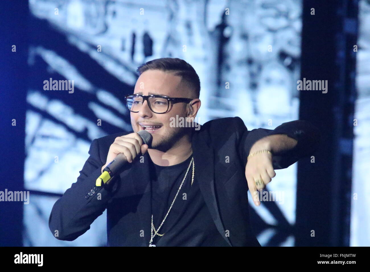 Napoli, Italy. 15th Mar, 2016. The rapper Rocco Hunt during his ...