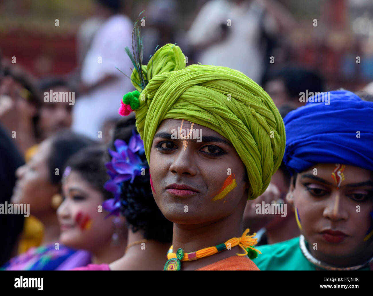 Kolkata, India. 15th Mar, 2016. Students enjoy playing abir ...