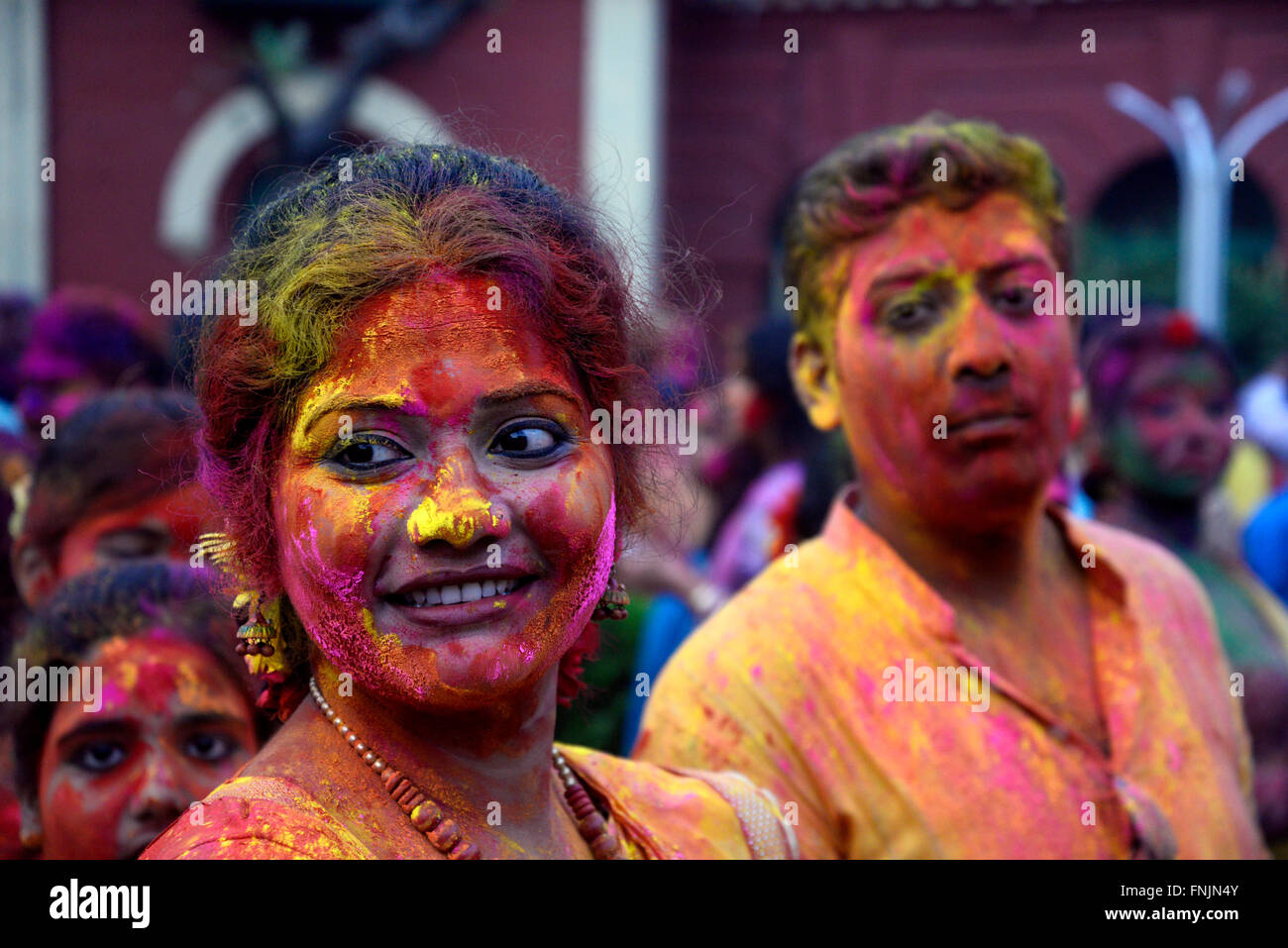 Kolkata, India. 15th Mar, 2016. Students enjoy playing abir ...