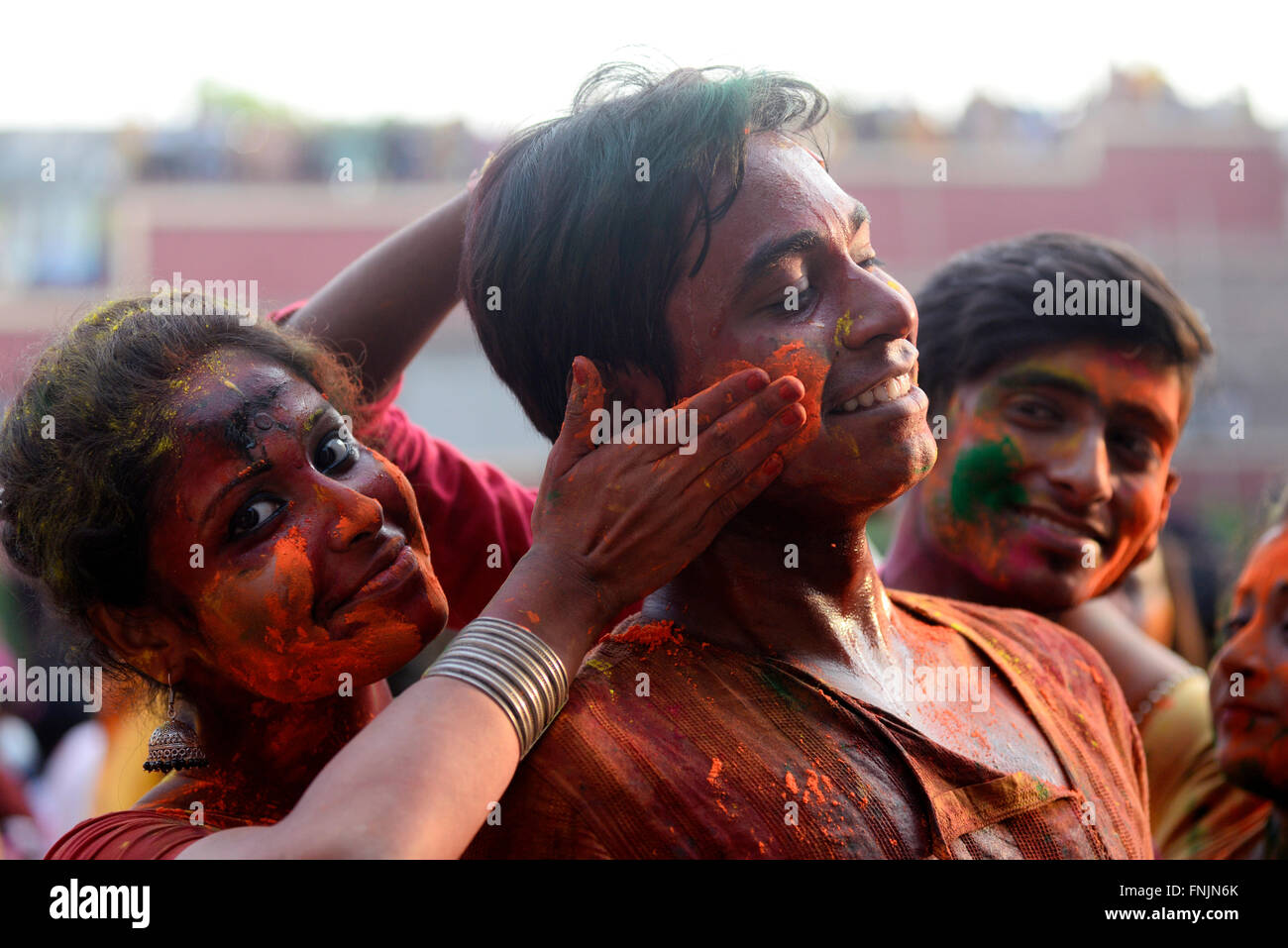 Kolkata, India. 15th Mar, 2016. Students enjoy playing abir ...