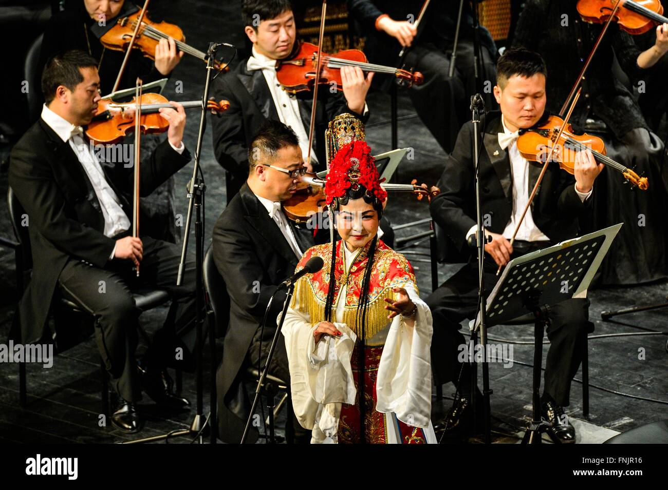 Tianjin, China. 15th Mar, 2016. Artists perform Peking Opera "Farewell ...